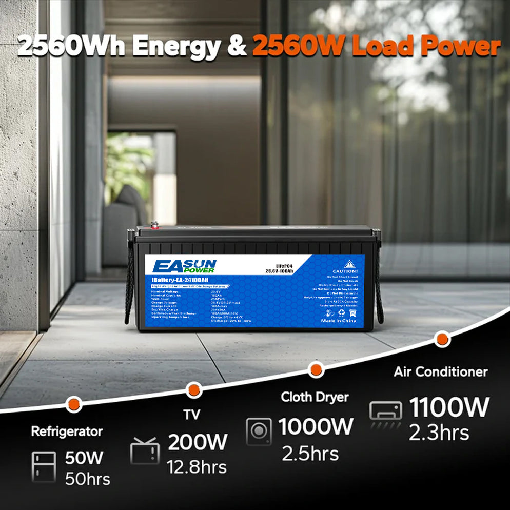 【0% VAT】EASUN 24v 100Ah LifePO4 Lithium Iron Phosphate Battery 25.6V G ...